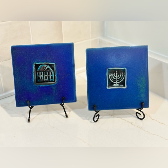 Art | Michael Cohen Handmade Art Tiles Set Blue Judaica House Menorah 6 ...